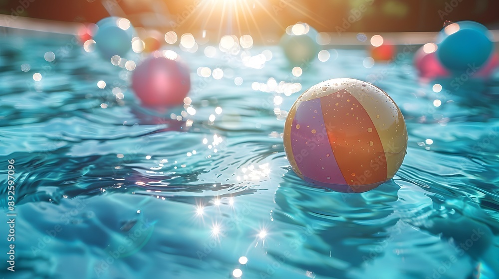 Colorful beach balls floating in pool, vibrant sunlight, crystal clear ...