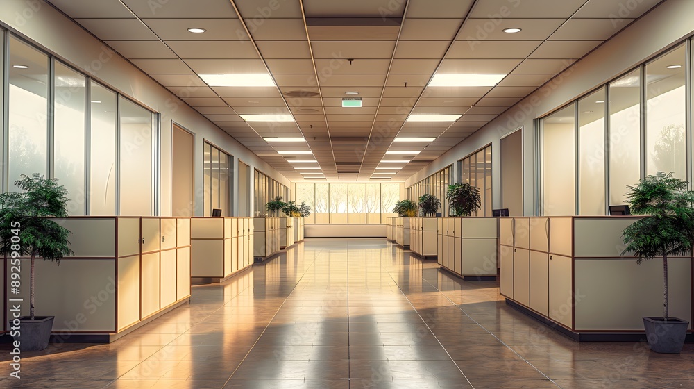 Corporate office cubicles, symmetrical layout, long hallway perspective ...