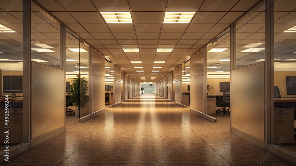 Corporate office cubicles, symmetrical layout, long hallway perspective ...