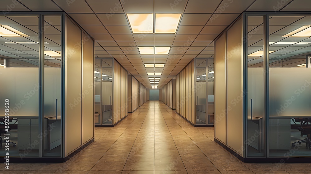 Corporate office cubicles, symmetrical layout, long hallway perspective ...