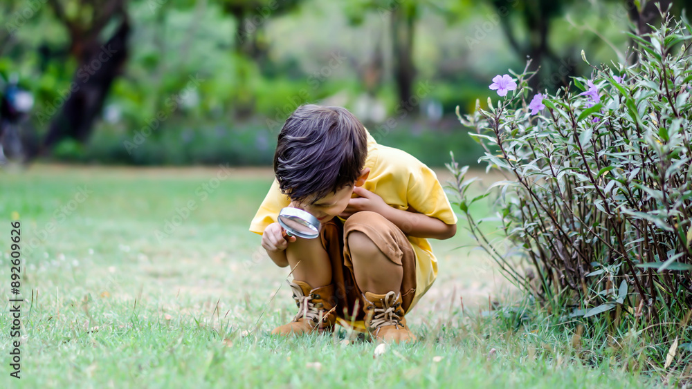 Mixed race little boy exploring the nature with magnifying glass ...