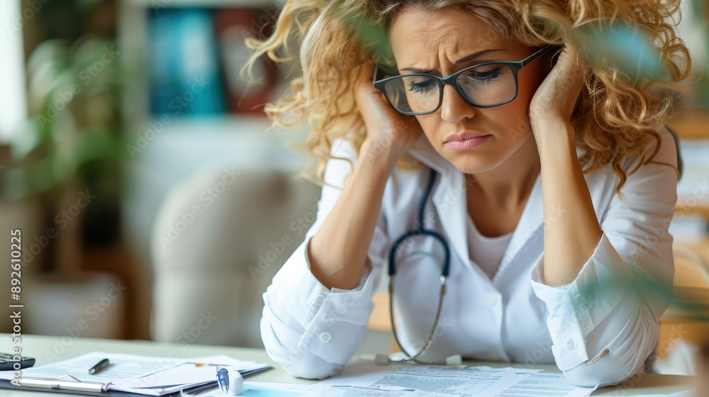 A female doctor with her head in her hands, reflecting stress and ...