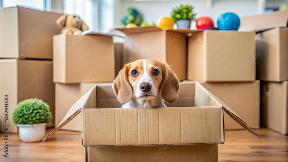 Adorable dog peeking out of cardboard box amidst piles of packed boxes ...