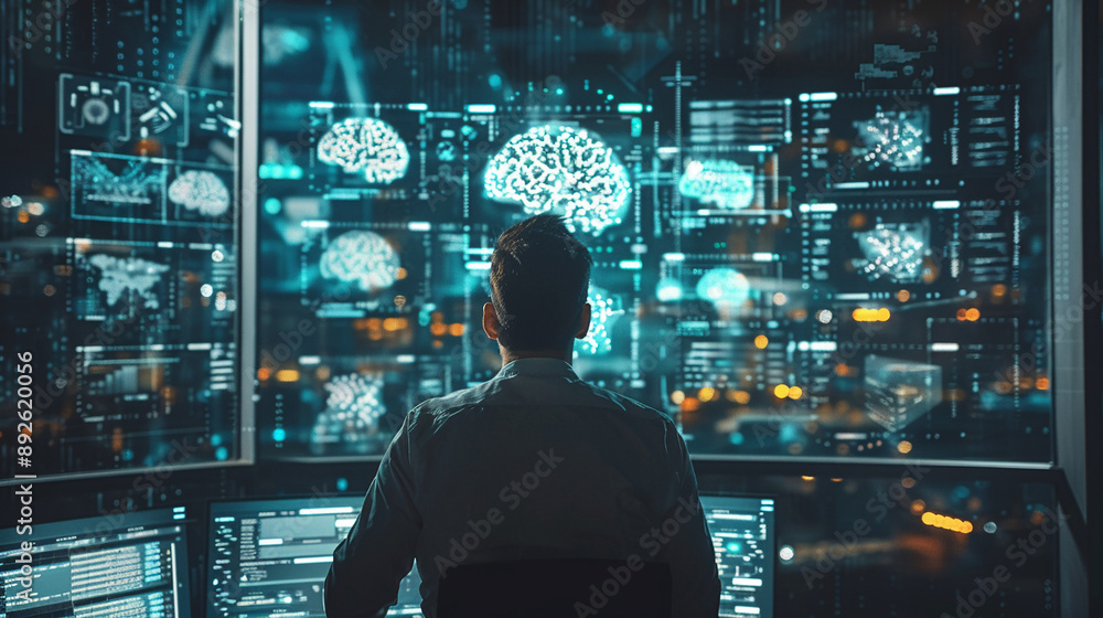 AI Artificial Intelligence. Business man using AI technology for data analysis coding computer ...