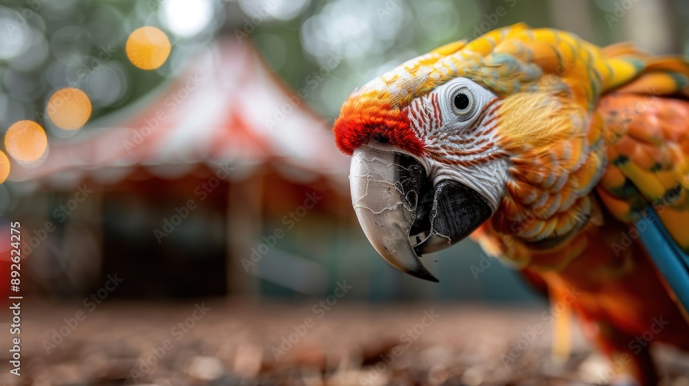 An engaging image of a bright and colorful parrot with a circus tent in ...