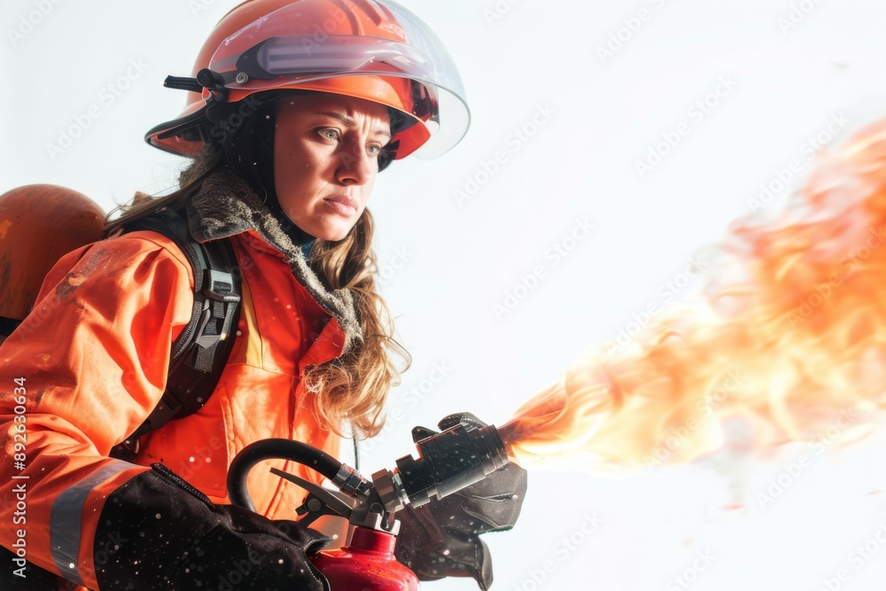 A calm and focused female firefighter puts out a small fire with a fire ...