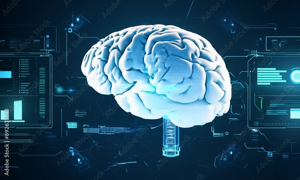 A 3D digital brain sits atop futuristic holographic charts representing ...