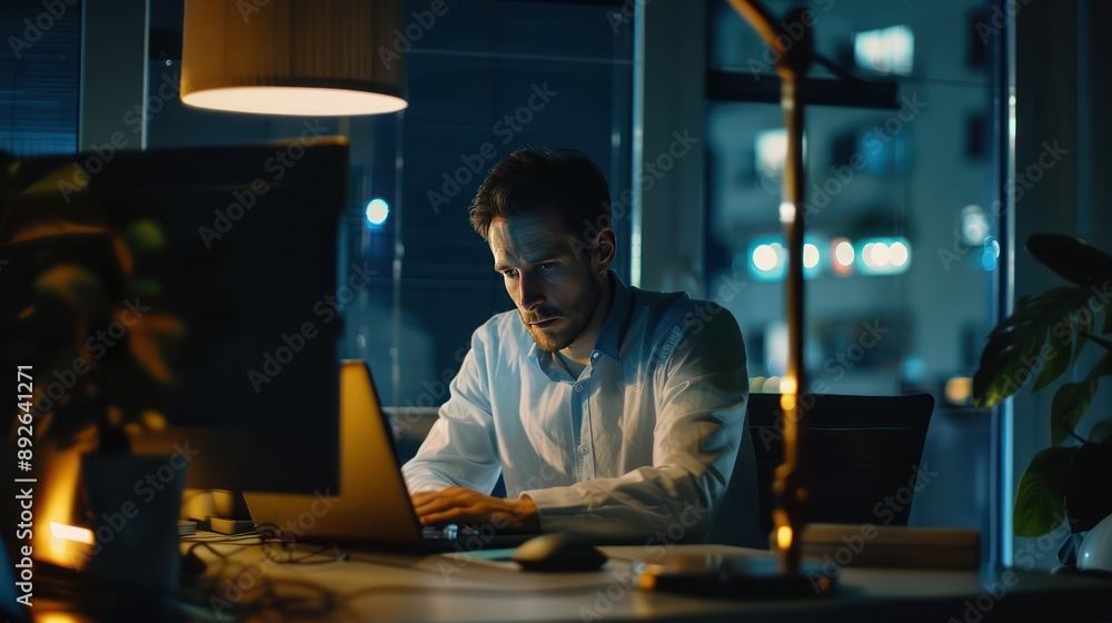 Office worker working late at night, illuminated by the glow of a ...