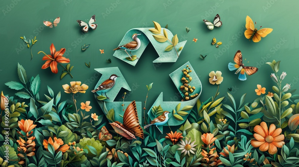 Recycling Symbol Eco-Friendly with Nature Elements Plants and Wildlife ...