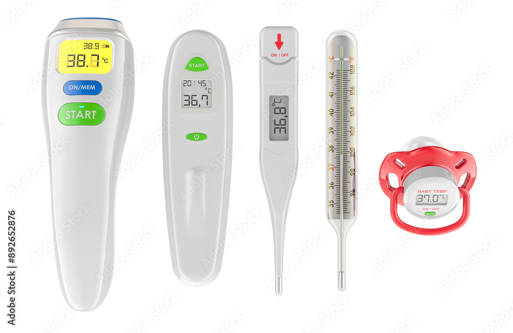 Medical thermometers, different types. Mercury, digital, infrared, ear ...