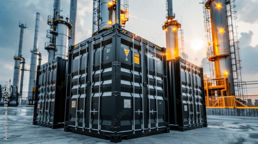 Three black containers are stacked on top of each other. The containers ...