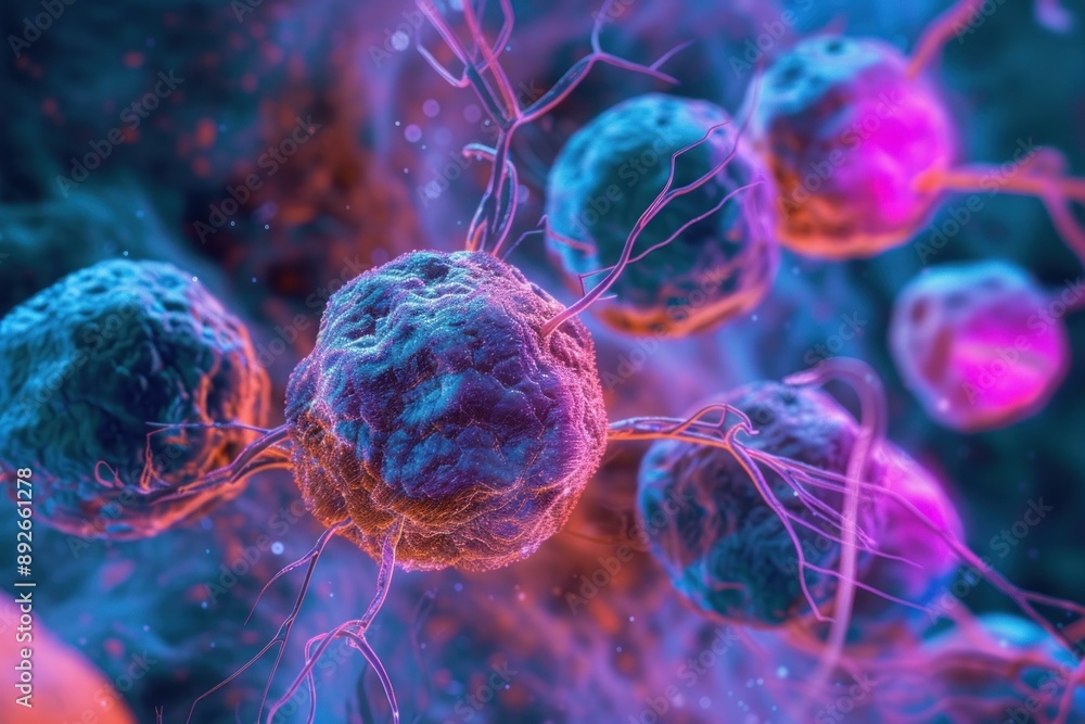Detailed 3d Illustration Showing Malignant Cancer Cells With Visible Nuclei And Surface Texture