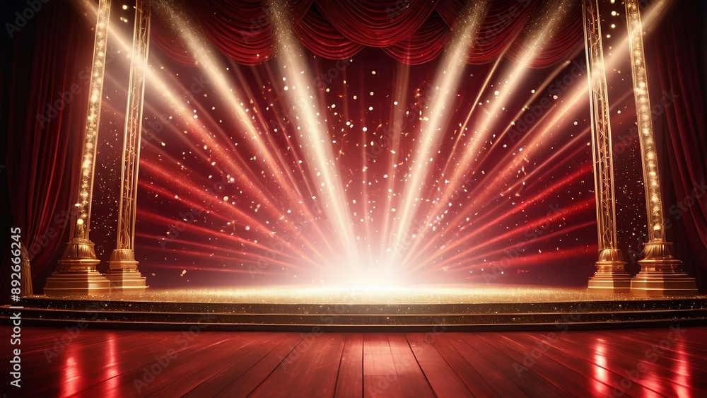 stage with red curtains, A red stage with gold lighting, a gold glitter ...
