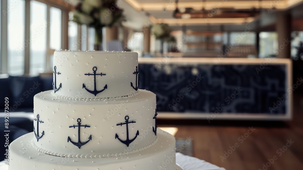 minimalist white cake with navy blue sailor motifs, set against a ...