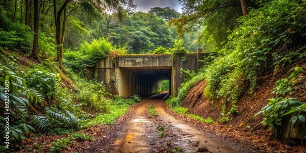 Abundant foliage surrounds a worn dirt path leading to a dimly lit ...
