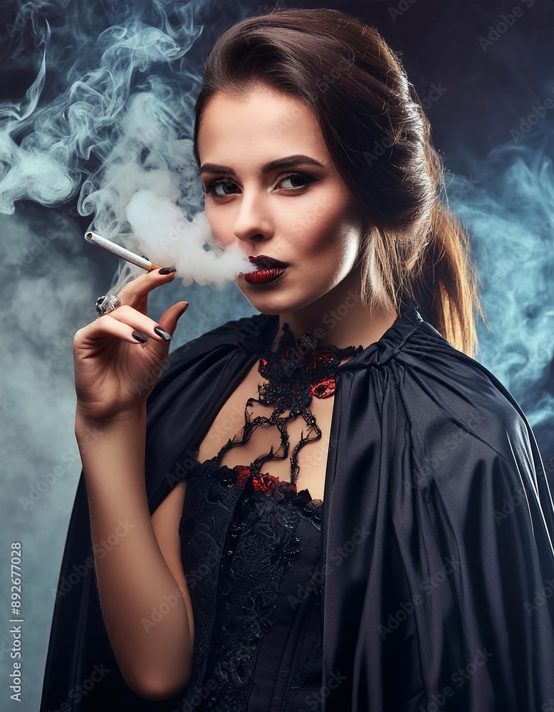 Confident Woman Smoking in Gothic Black Attire with Dramatic Smoke ...