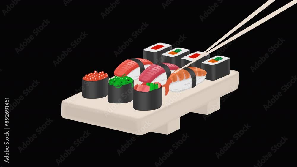 Animated sushi line icon. Chopsticks grabbing maki roll animation ...