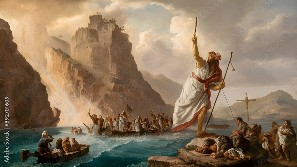 Moses parting the Red Sea, leading his people to safety. He raises a ...