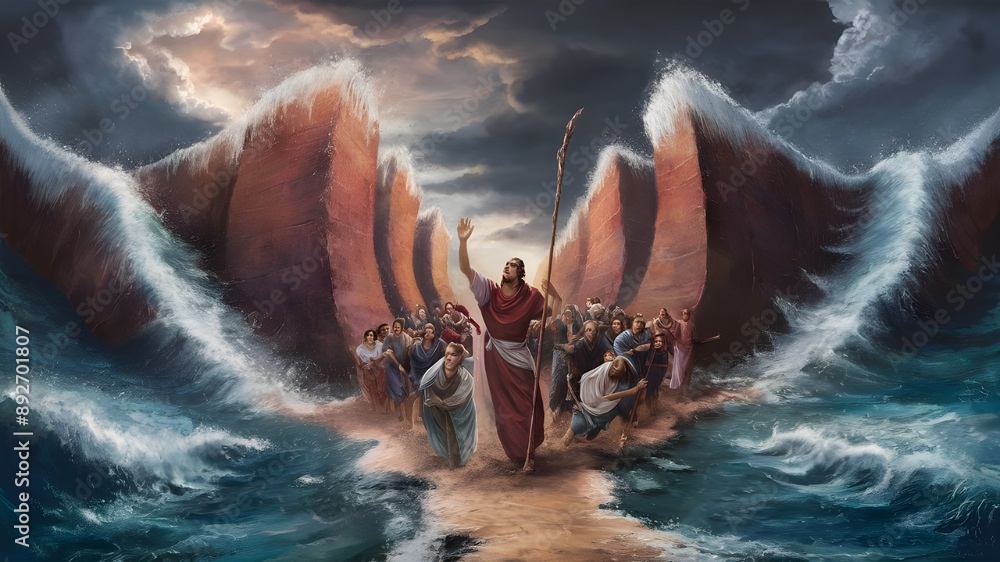 Moses parting the Red Sea, leading his people to safety. He raises a ...