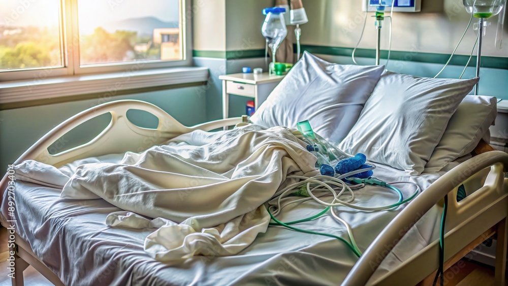 Empty hospital bed with abandoned oxygen mask, tangled medical tubes ...