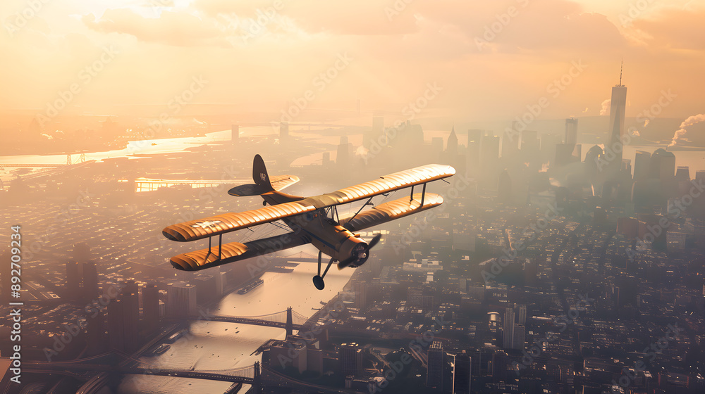 Retro plane soaring above urban landscape in vintage style, captured in ...