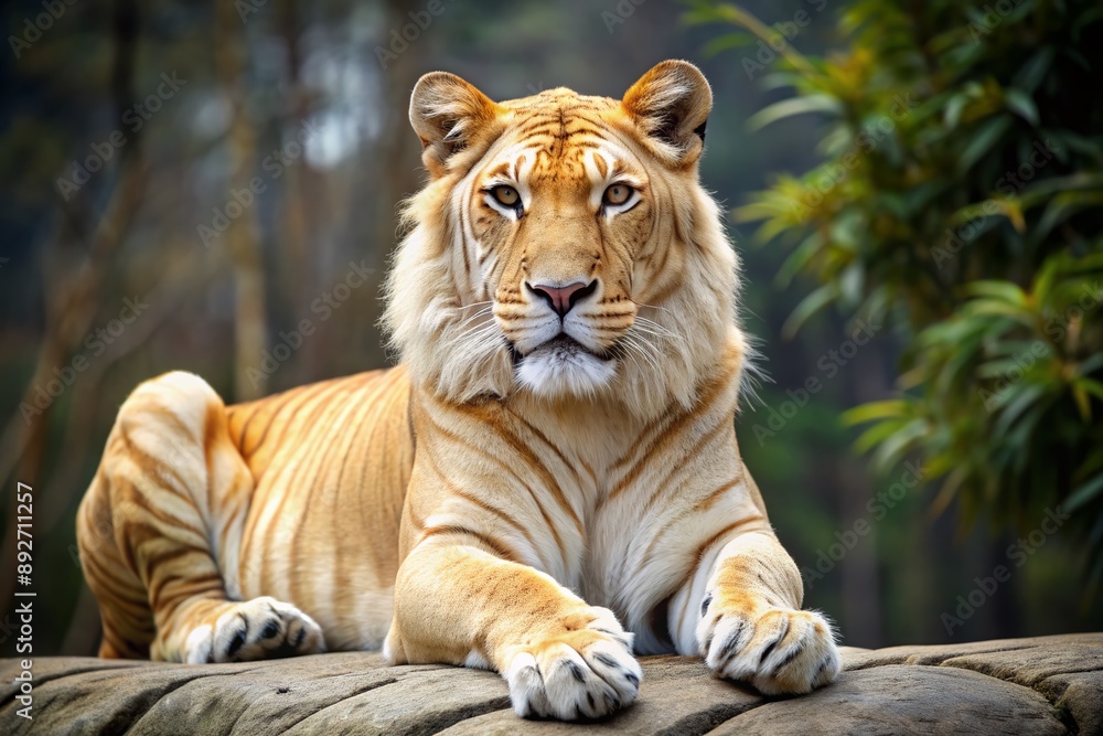 Majestic liger with golden fur, dark stripes, and piercing eyes, a ...