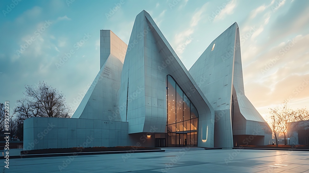 Modern church building with a unique architectural style, featuring ...
