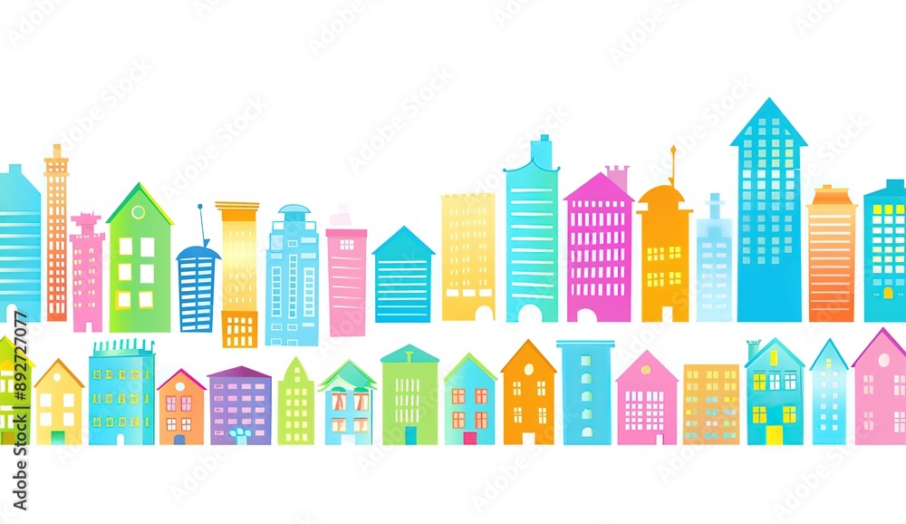 Cute Colorful Cartoon City Skyline Vector Illustration with Simple Flat ...