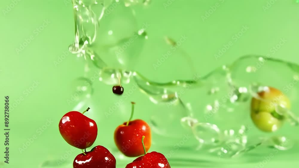 Fresh Cherries Falling with Water Splash green screen background with ...