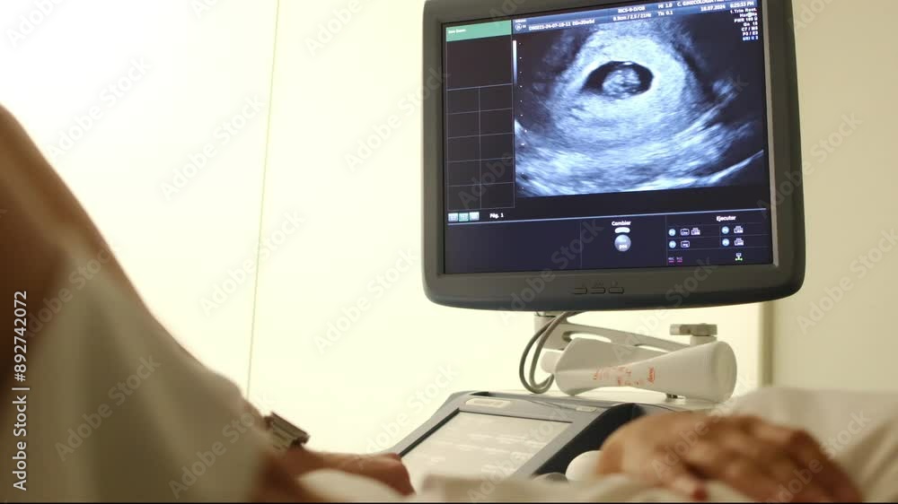 Vaginal ultrasound of a 7-8 week pregnant woman showing fetal heartbeat ...