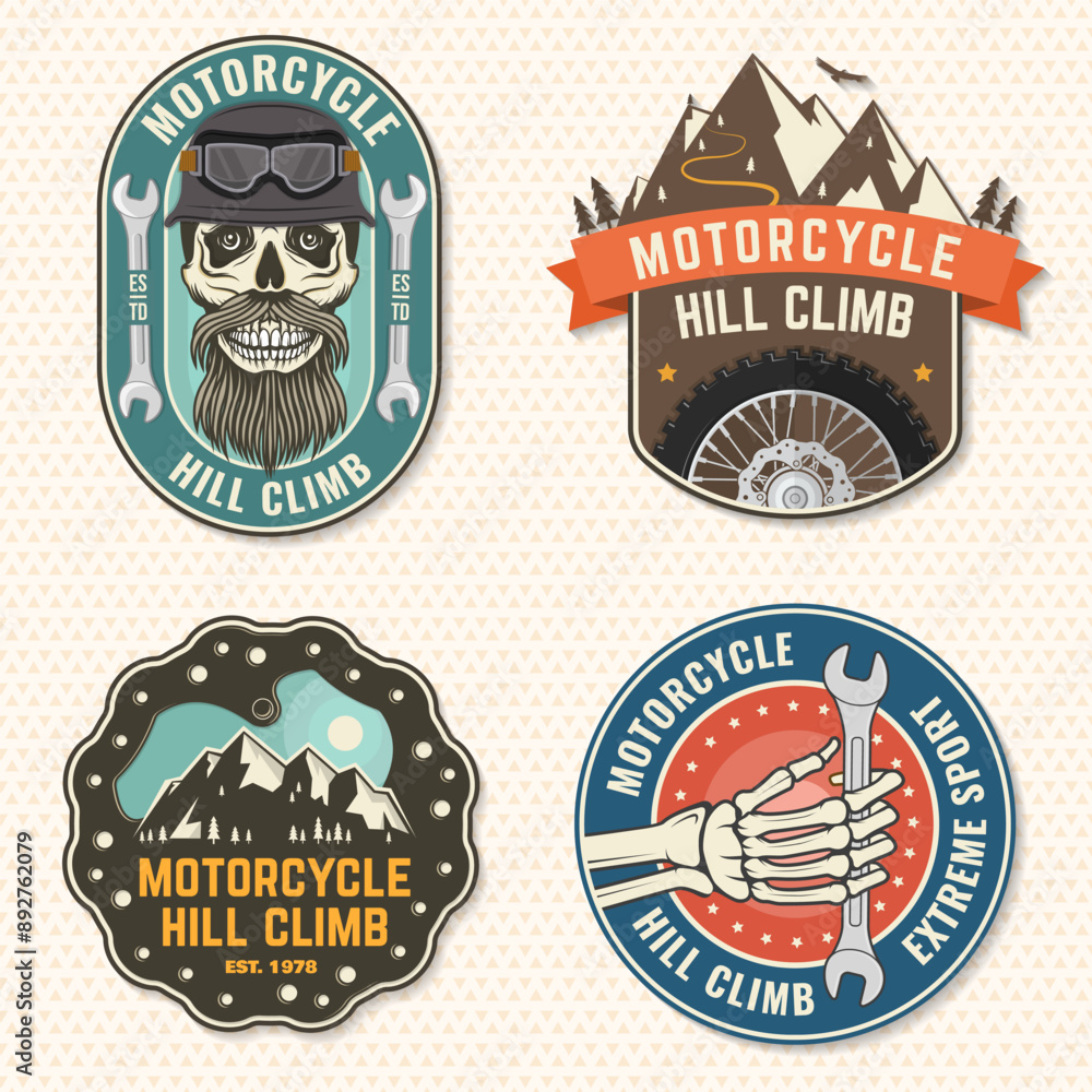 Set of motorcycle hill climb logos, badges, stickers. Vector. Extreme ...