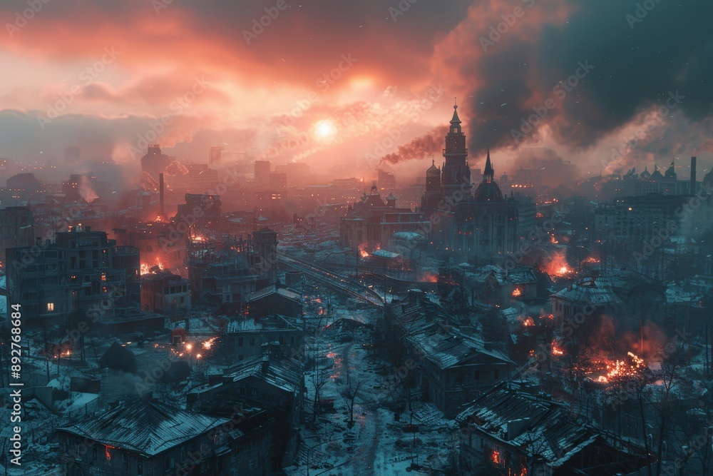 Apocalyptic urban landscape with burning buildings and thick smoke ...