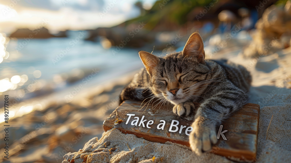 Homeless cat sleeps on the beach with a sign that says "Take a break ...