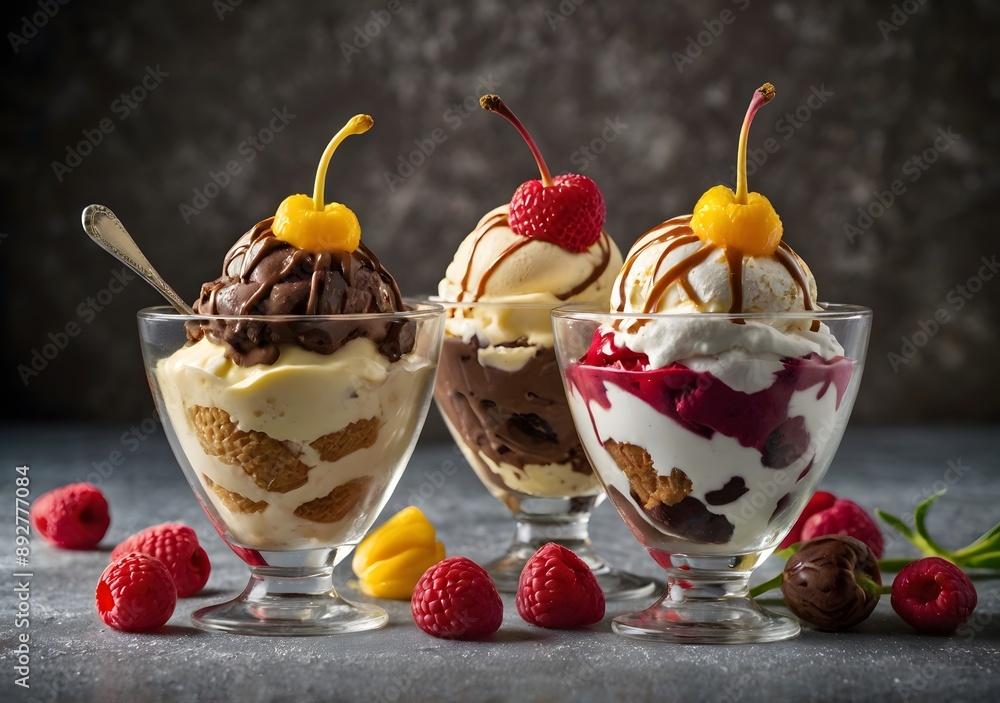 Collection of Sundae sundaes ice cream frozen dessert in tulip glass ...