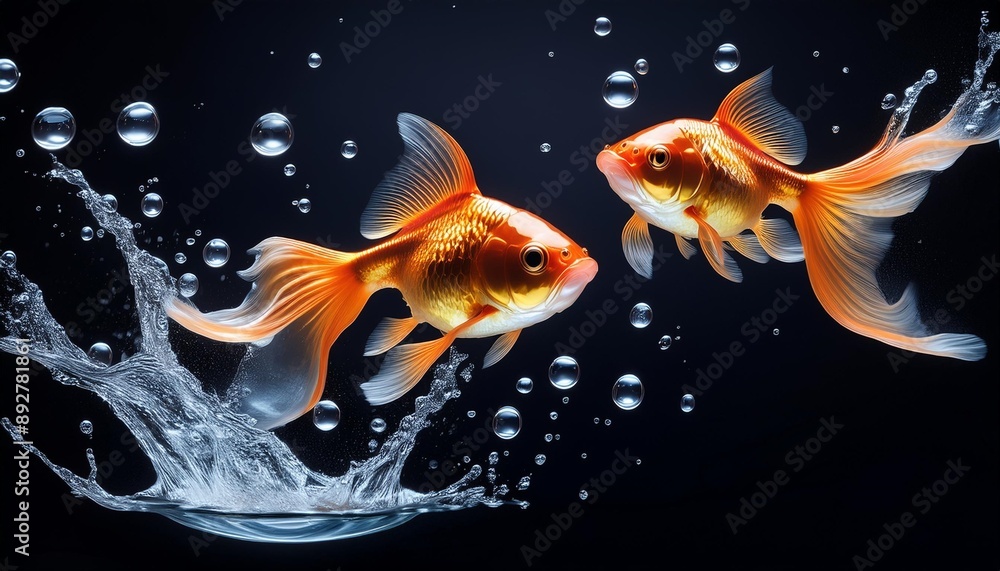 two goldfish jumping out of the water isolated on black background ...