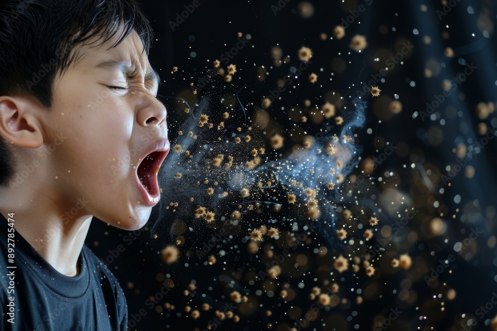 Young boy experiences sneeze airborne droplets and viral clouds ...