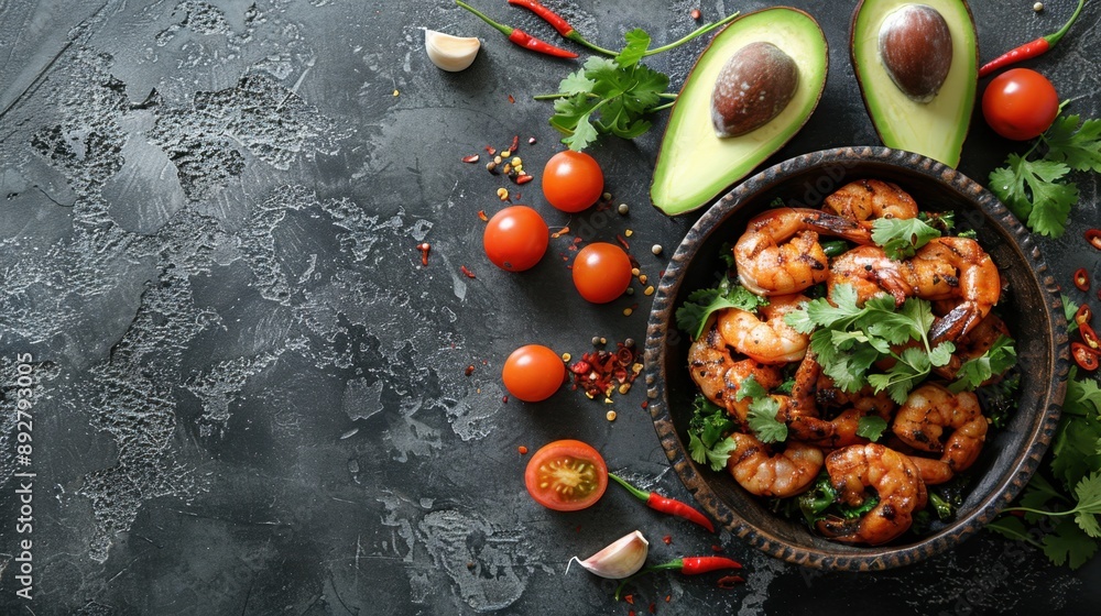 Beautiful chili pepper and shrimp flatlay kitchen counter scene in warm ...