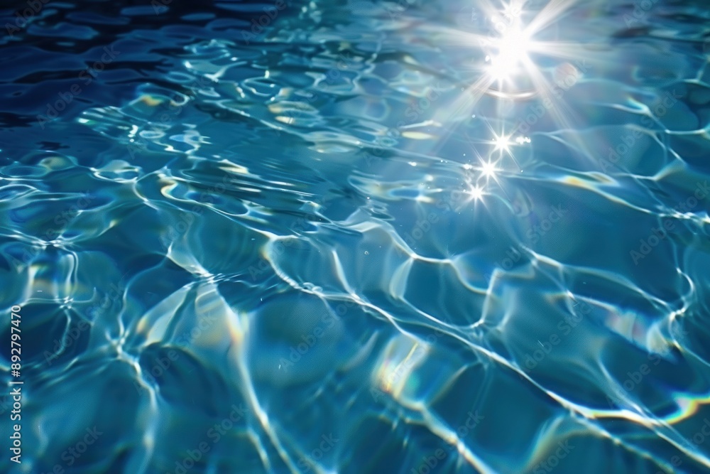 Blue water surface with bright sun light reflections, water in swimming ...