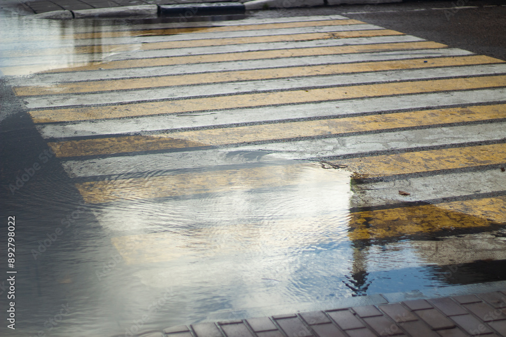Puddle at a pedestrian crossing. Pedestrian markings on the highway ...