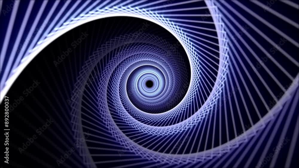 Abstract geometric tunnel with swirl structure of glowing lines and soft blue light. Mysterious ...