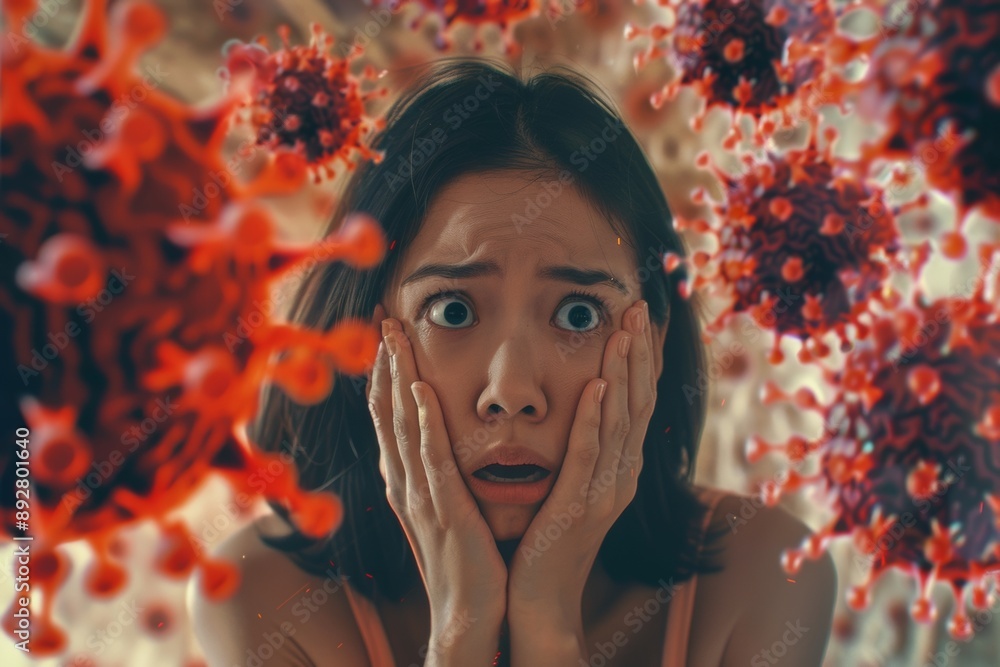 Medical mask scared woman encounters daunting array of viruses. Wearing ...