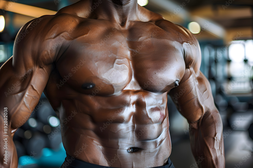 Close-up of a bodybuilder's chiseled torso displaying well-defined abs ...