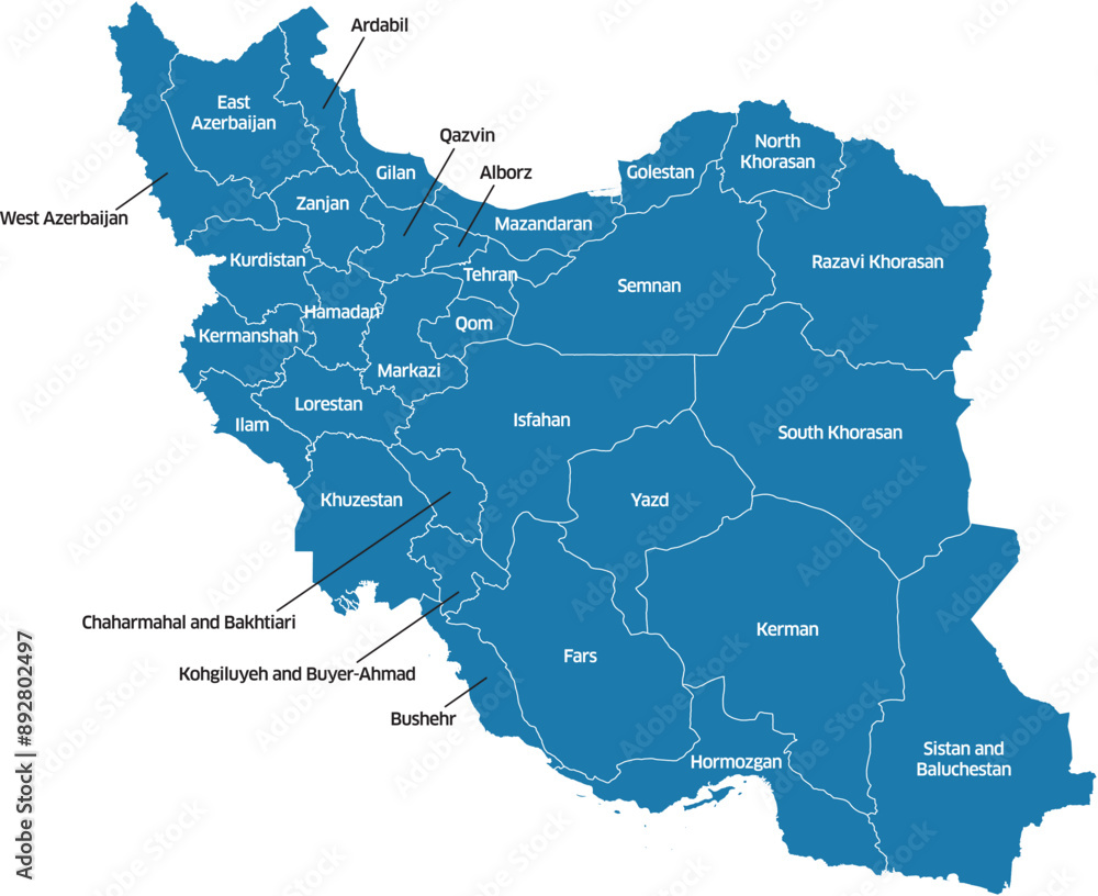 Colorful editable vector political map of Iran, showing its various ...