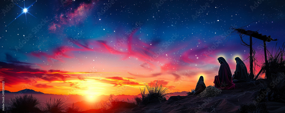 Nativity Scene at Dawn with Holy Family and Comet, Beautiful Sunrise ...