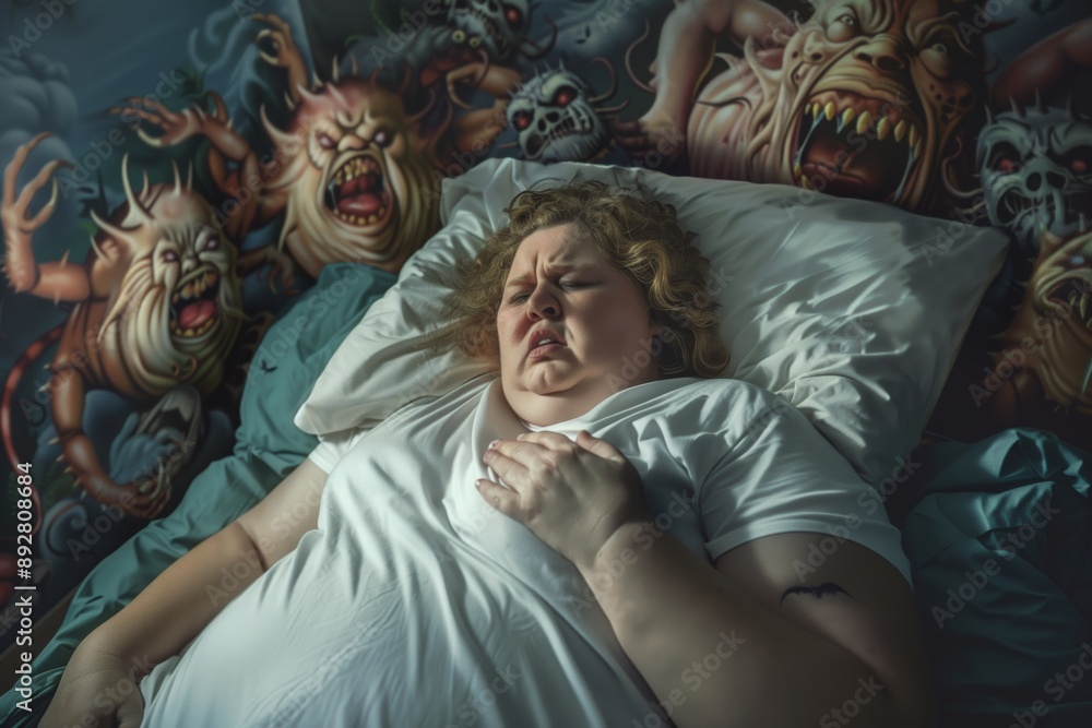 Foto de Surreal monsters haunt dreams of sleeping child. Child sleeps ...