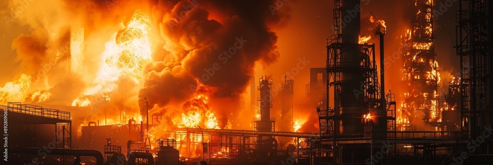 Dramatic scene of an industrial yard consumed by a raging fire ...