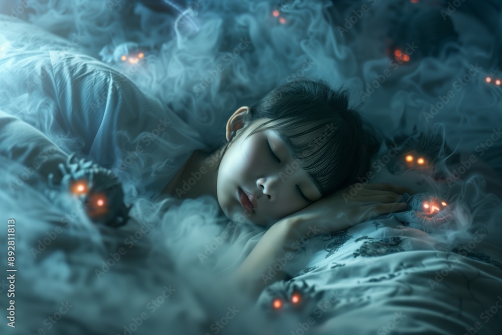 Calm and serene girl sleeps while shadows of art invoke fear ...