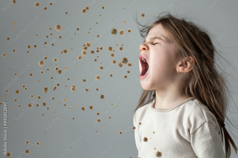 Child sneezes visible depiction of virus spread. Young girl sneezes releasing potential harmful ...