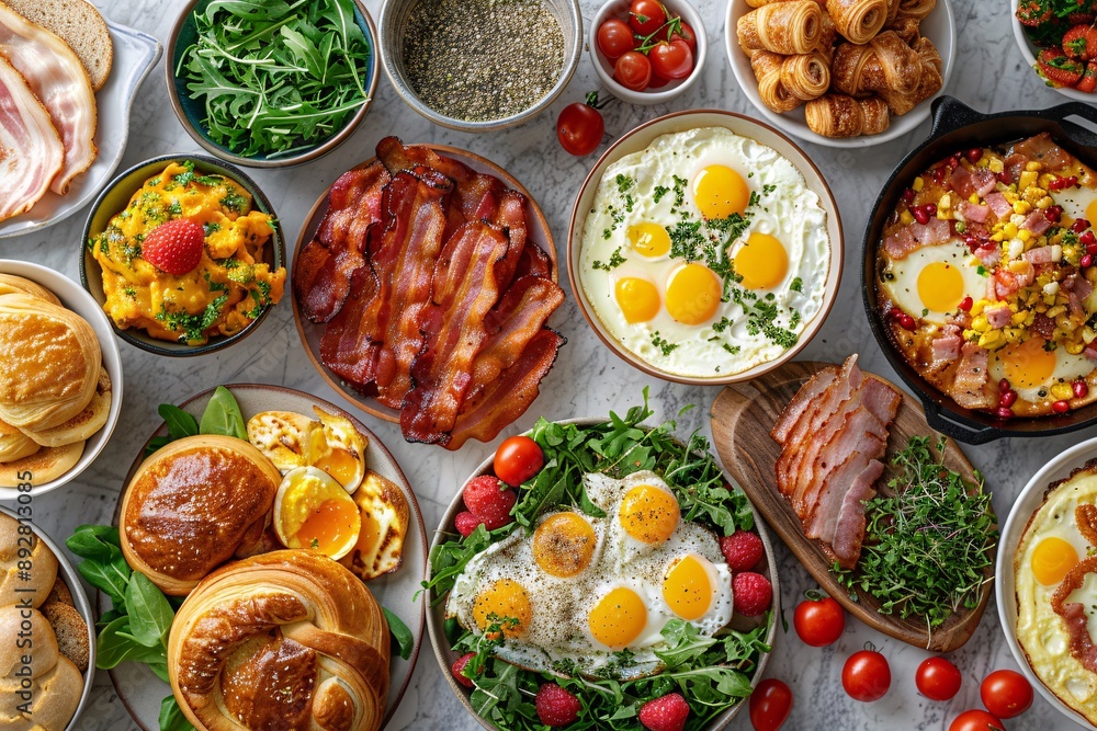 Brunch spread with a variet of dishes pastries. Village Breakfast with ...