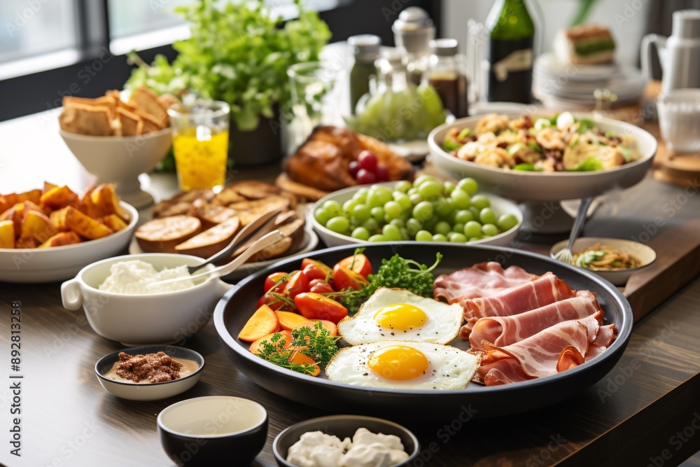 Brunch spread with a variet of dishes pastries. Village Breakfast with ...